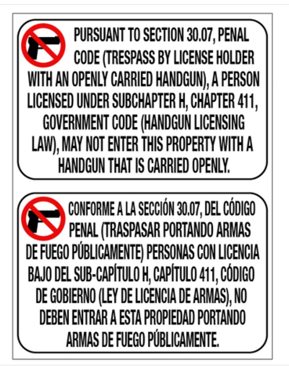 No Open Carry 30.07 Signs 24" x 18" Vertical| PDQ Signs LLC